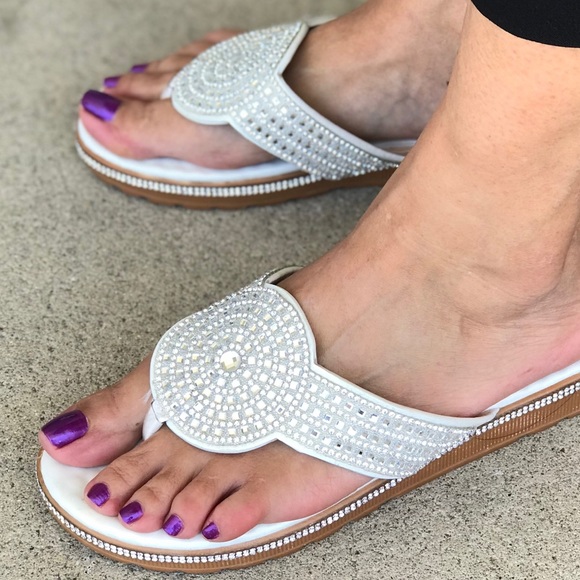 Verano Rio | Shoes | Verano Rio White Bling Thong Flatform Slide Sandal ...